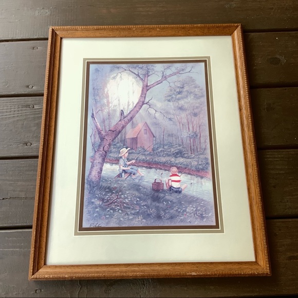 Vintage | Wall Decor | Vintage R Adair Art Print Two Boys Fishing Wood ...